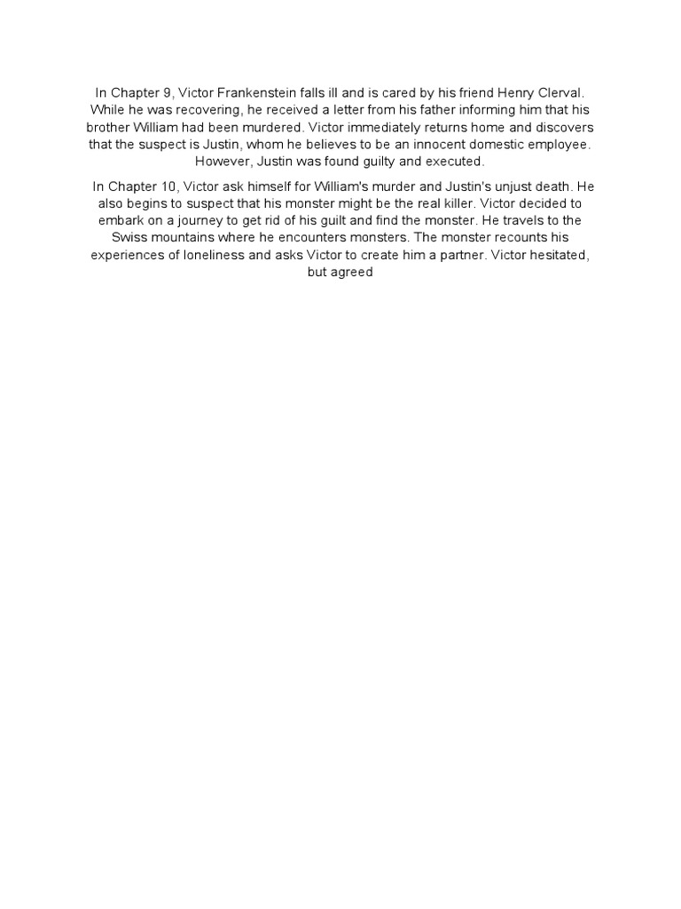Summary of Frankenstein Ch. 9-10 | PDF | General Fiction