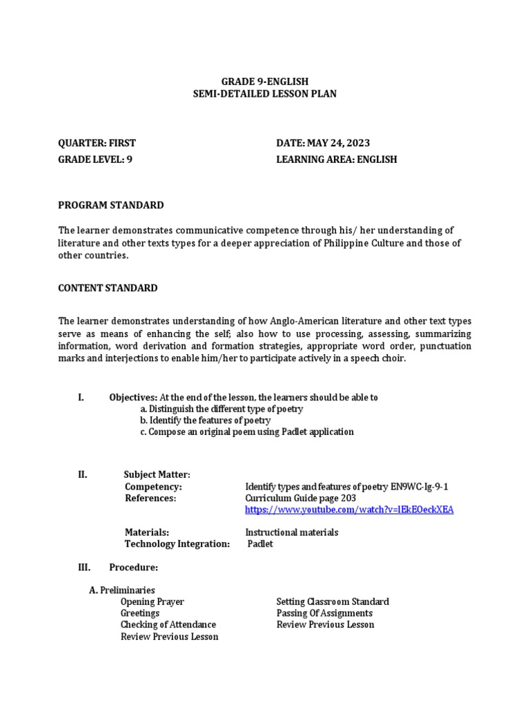 Semi Detailed Lesson Plan in Grade 9 | PDF | Poetry | Lesson Plan
