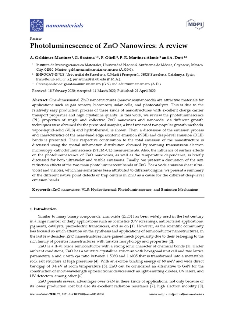 2020 - REVIEW Photoluminescence of ZnO Nanowires | PDF | Zinc Oxide | Nanowire