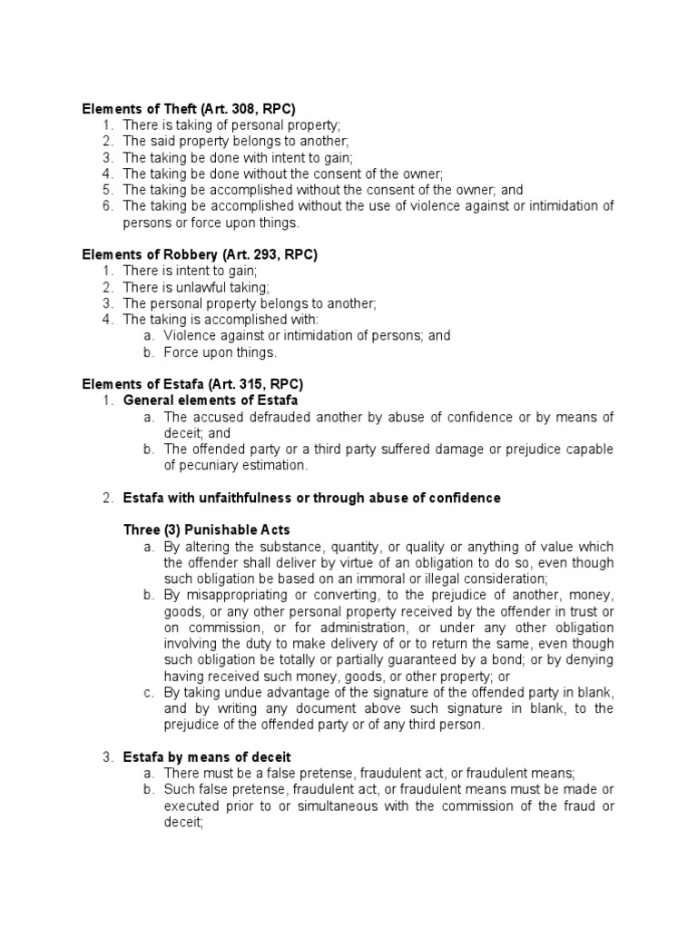 Elements of Theft Robbery and Estafa | PDF | Fraud | Property Crimes