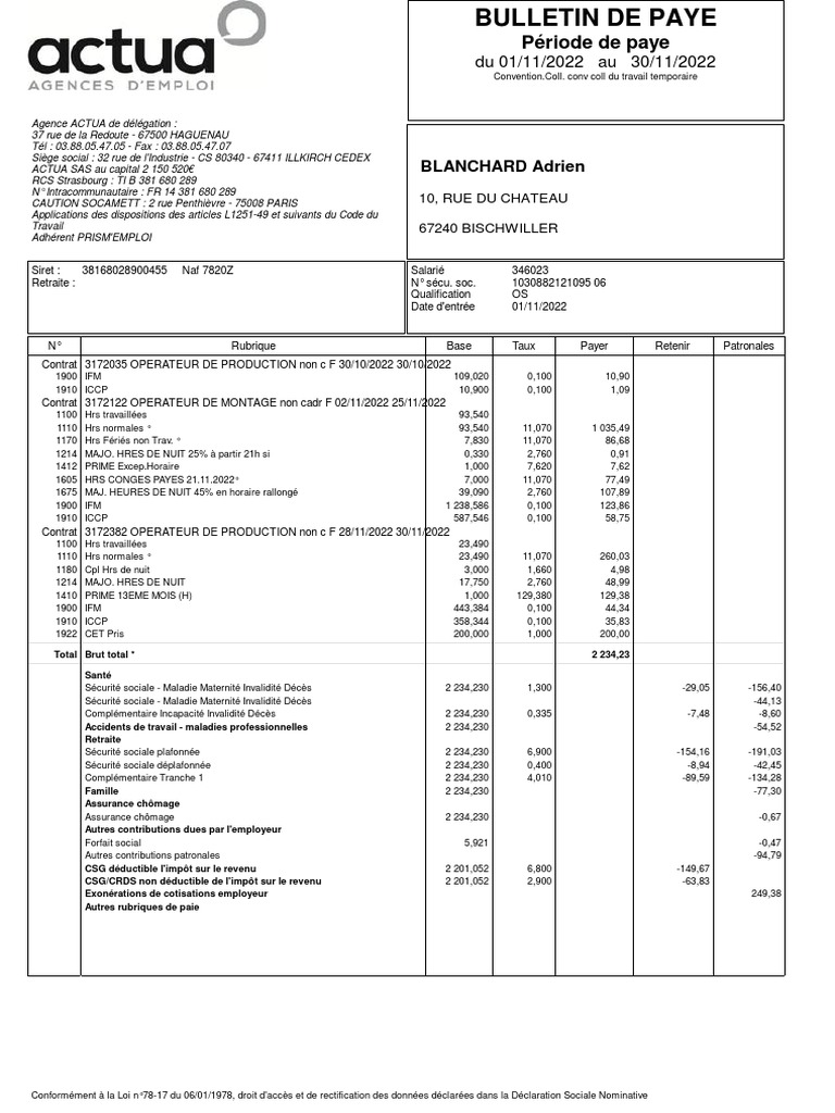 Bulletin de Paie ACTUA - 20221101 - Blanchard | PDF | Salaires | Impôt ...
