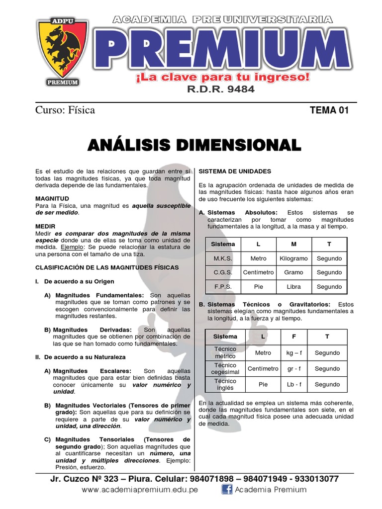 Tema 01 de Fisica - Analisis Dimensional-Vectorial | PDF
