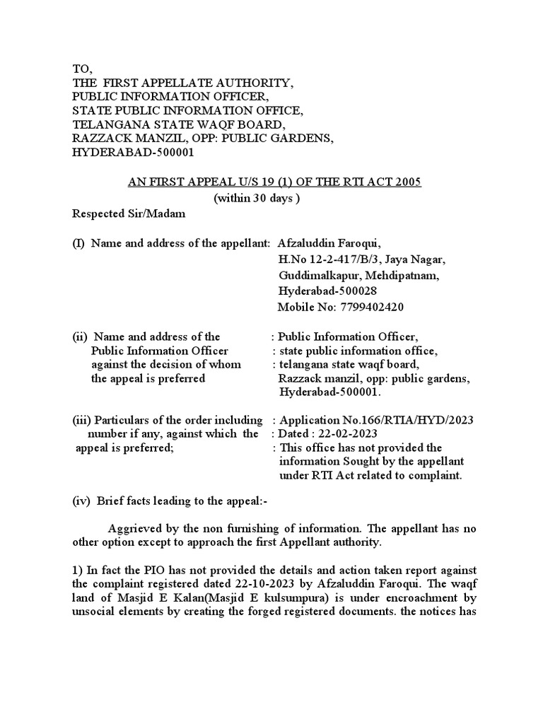 First Appeal RTI Waqf Board | PDF | Mosque | Justice