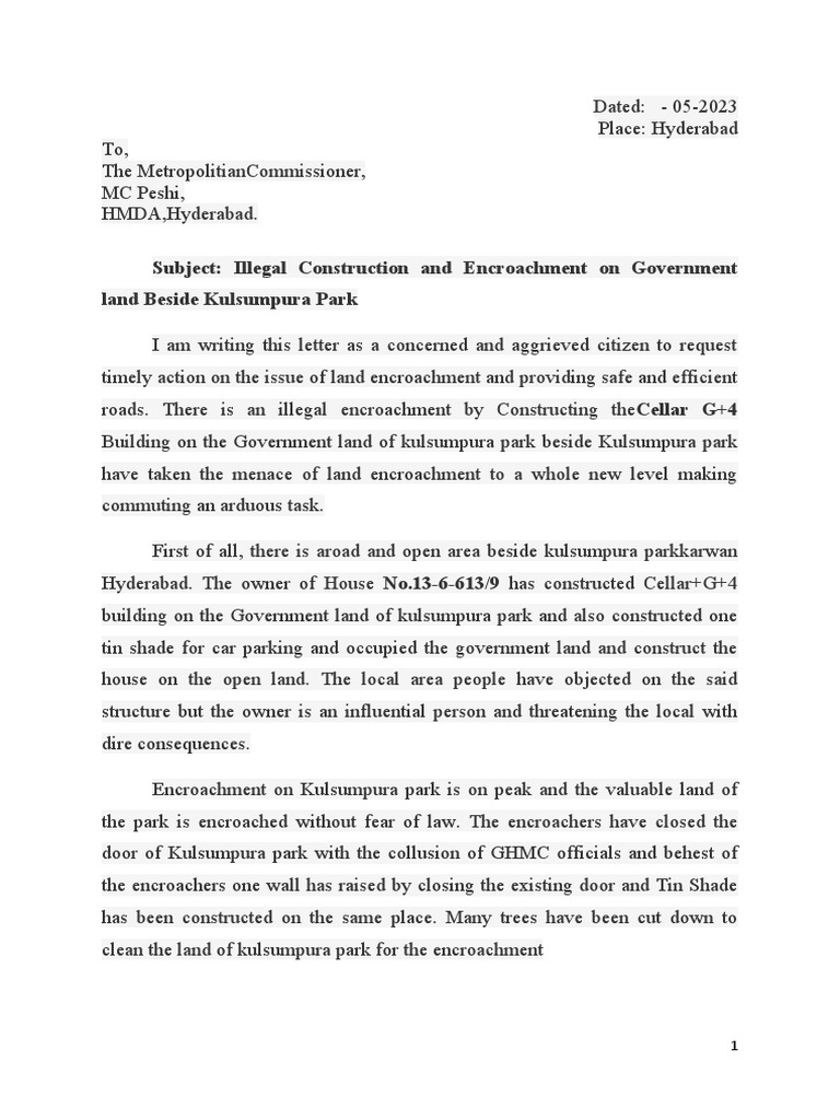 Kulsumpura Park Complain Encroachment Hmda | PDF