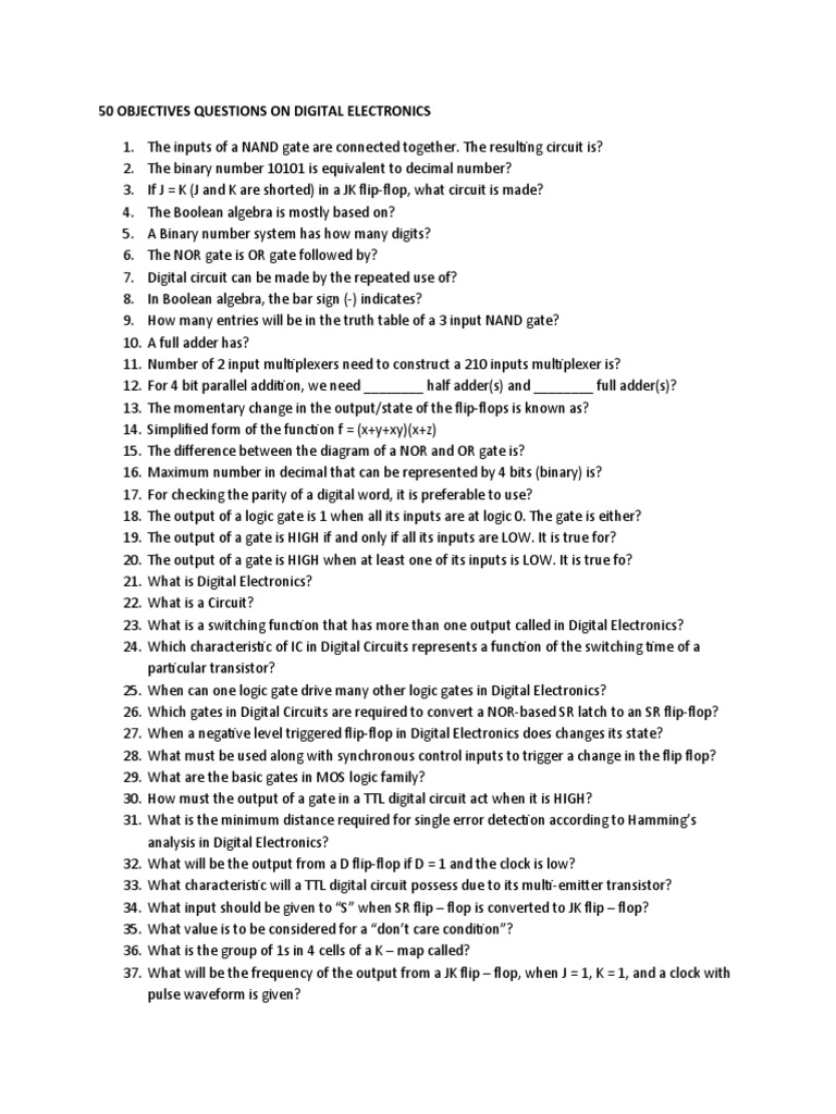 50 Objectives Questions On Digital Electronics | PDF | Logic Gate ...