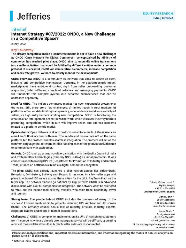 Jefferies Report On ONDC Being The New Challenger | PDF