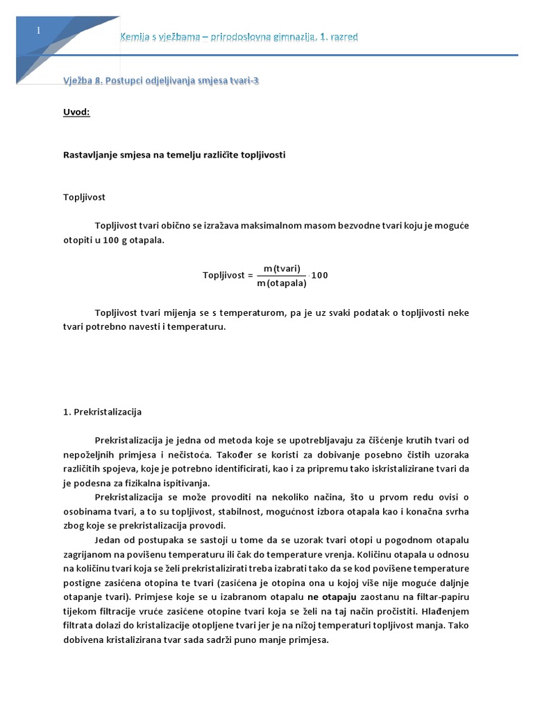 Vjezba 8 Metode Ciscenja I Odjeljivanja | PDF