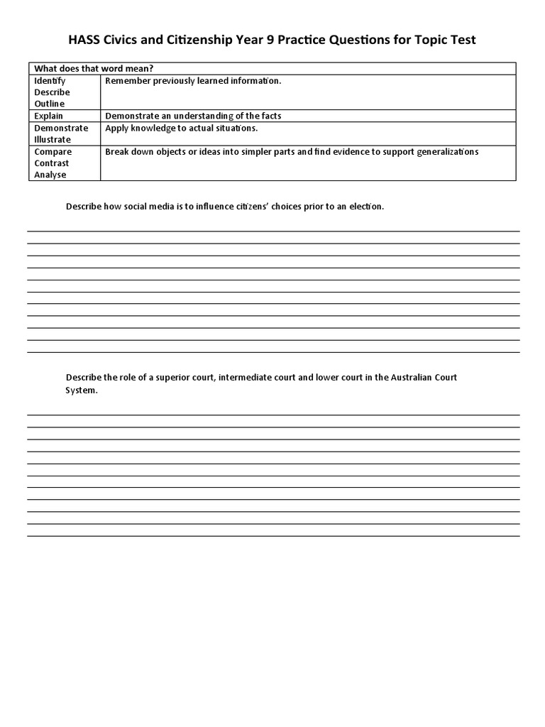 Year 9 Civics and Citizenship Test Prep | PDF