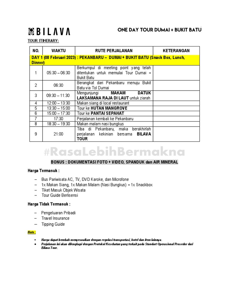 Detail Perjalanan ONE DAY TOUR DUMAI + BUKIT BATU 2023 | PDF