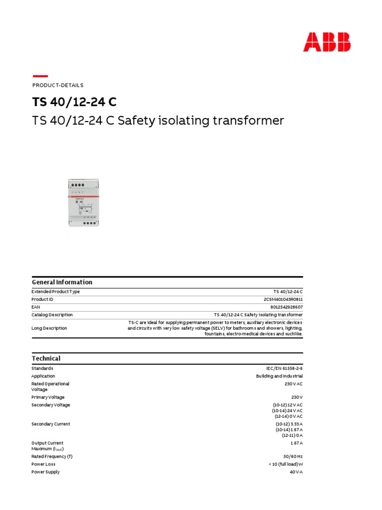 2CSM401043R0811-Ts-40!12!24-c Compressor 230v To 24VAc Transformer ...