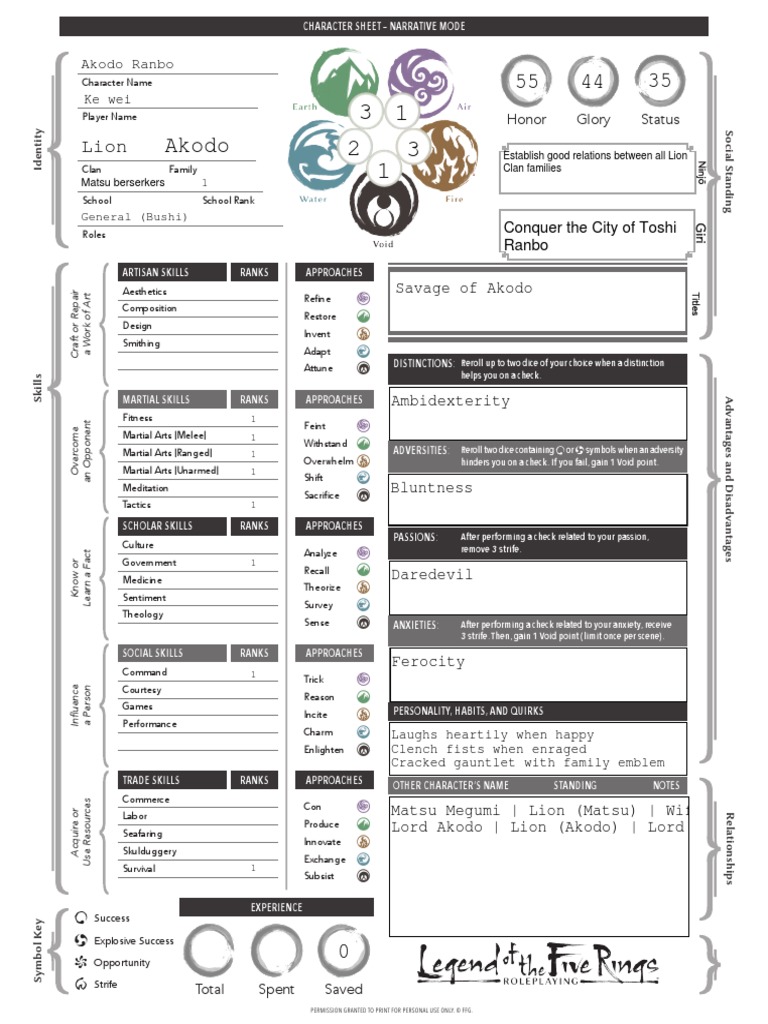 L5R Character Skills and Sheets Guide | PDF