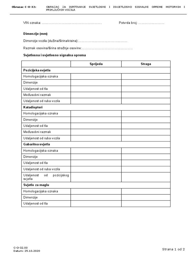 C-O-32 Obrazac Za Ispitivanje Svjetlosne I Isvjetlosno Signalne Opreme ...