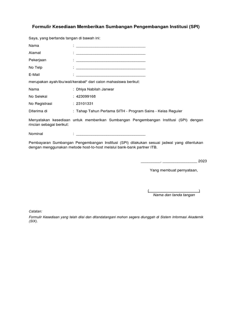 Form Sumbangan Pengembangan Institusi SPI 23101331 | PDF