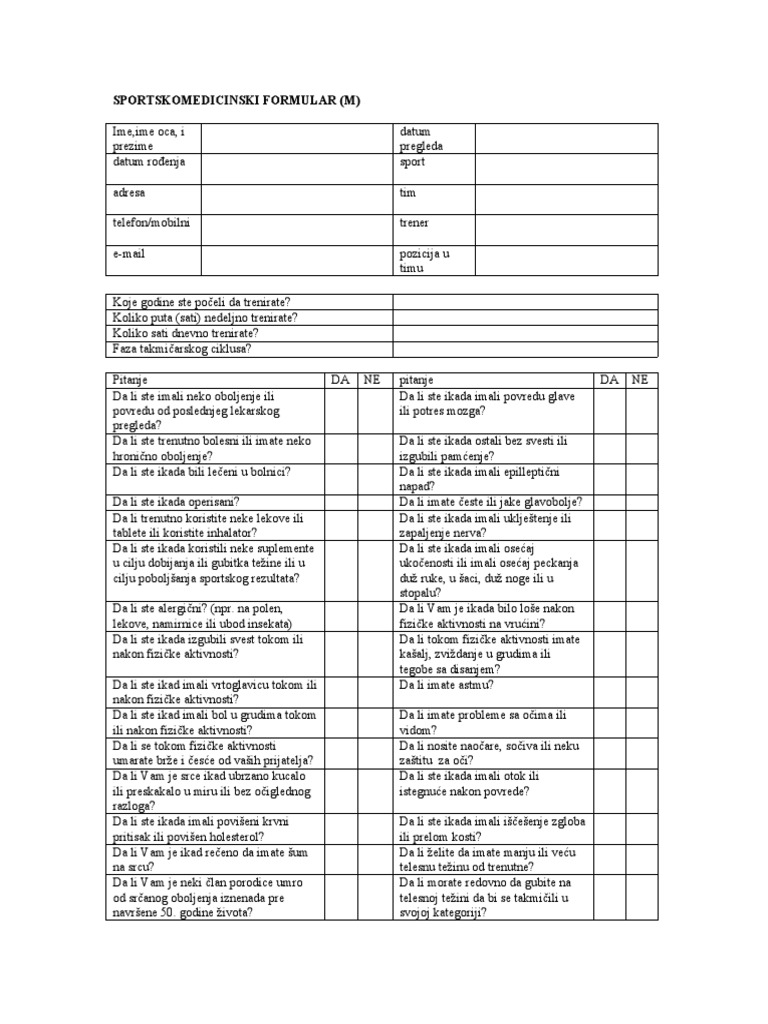 Sportsko Medicinski Formular Za Muskarce | PDF