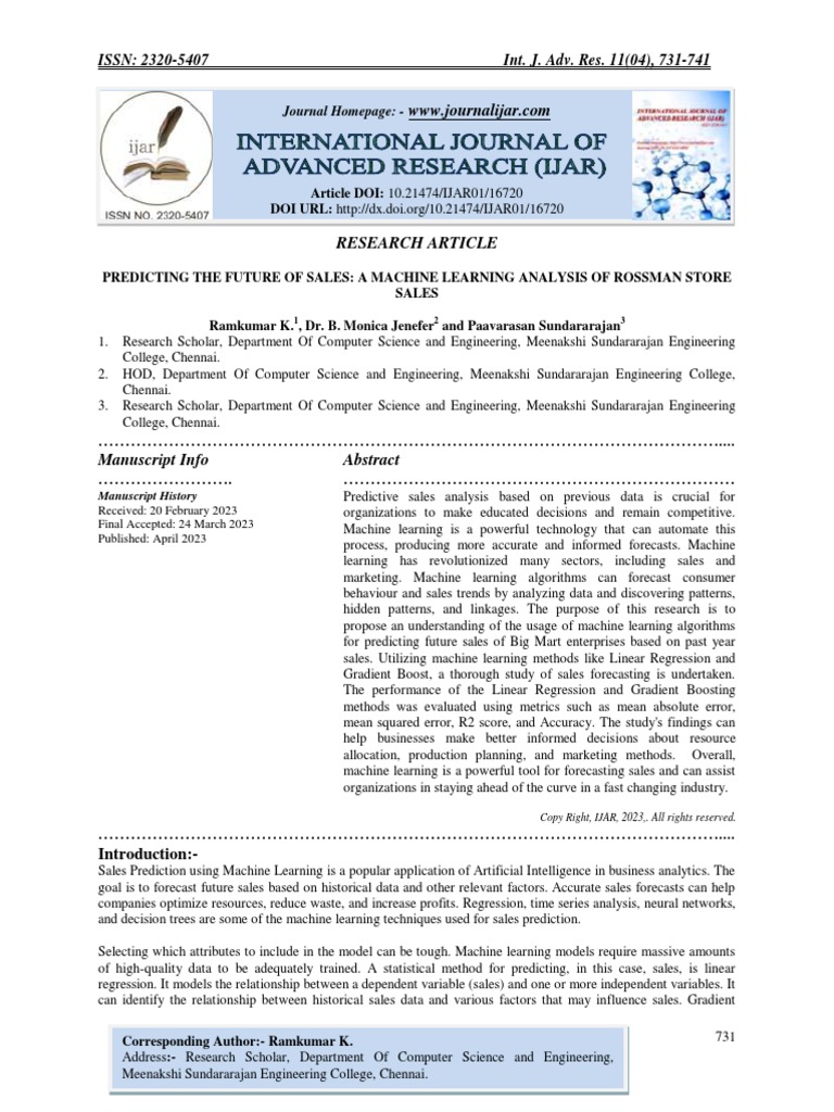 Predicting The Future of Sales: A Machine Learning Analysis of Rossman Store Sales | PDF