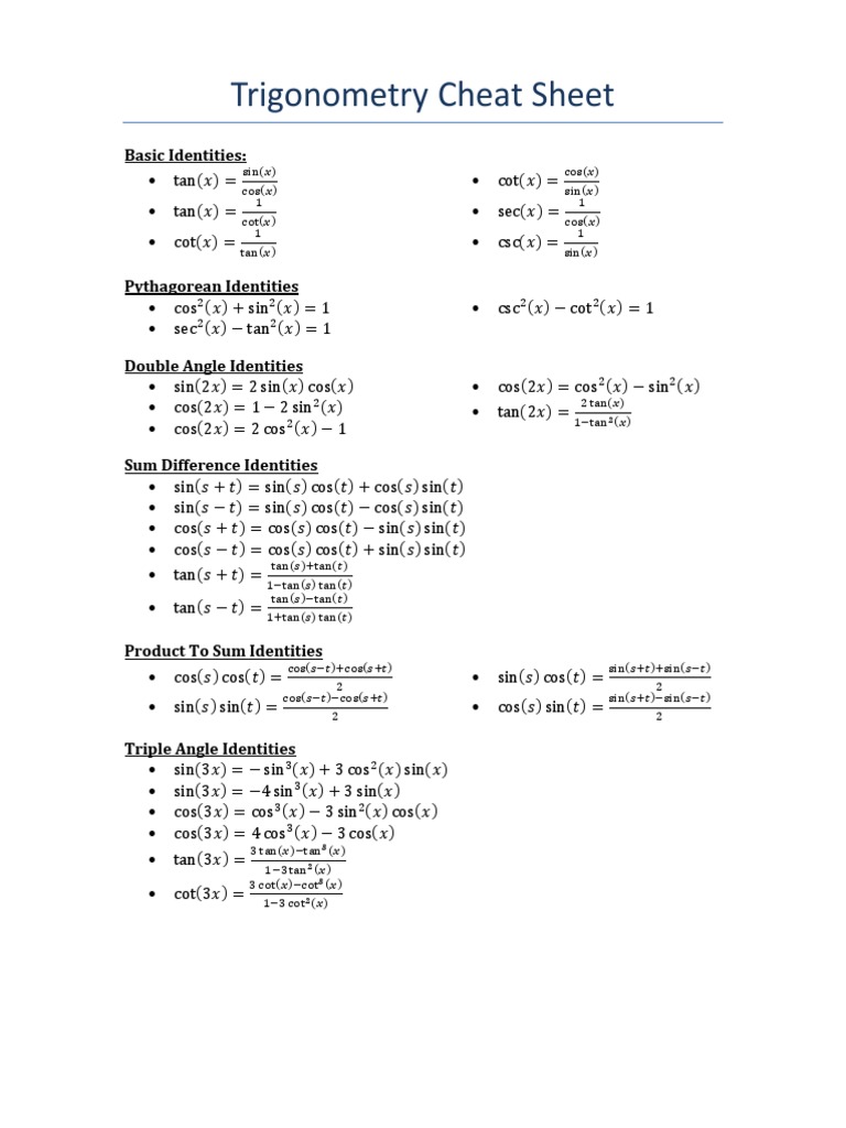 Trigonometry Cheat Sheet | PDF