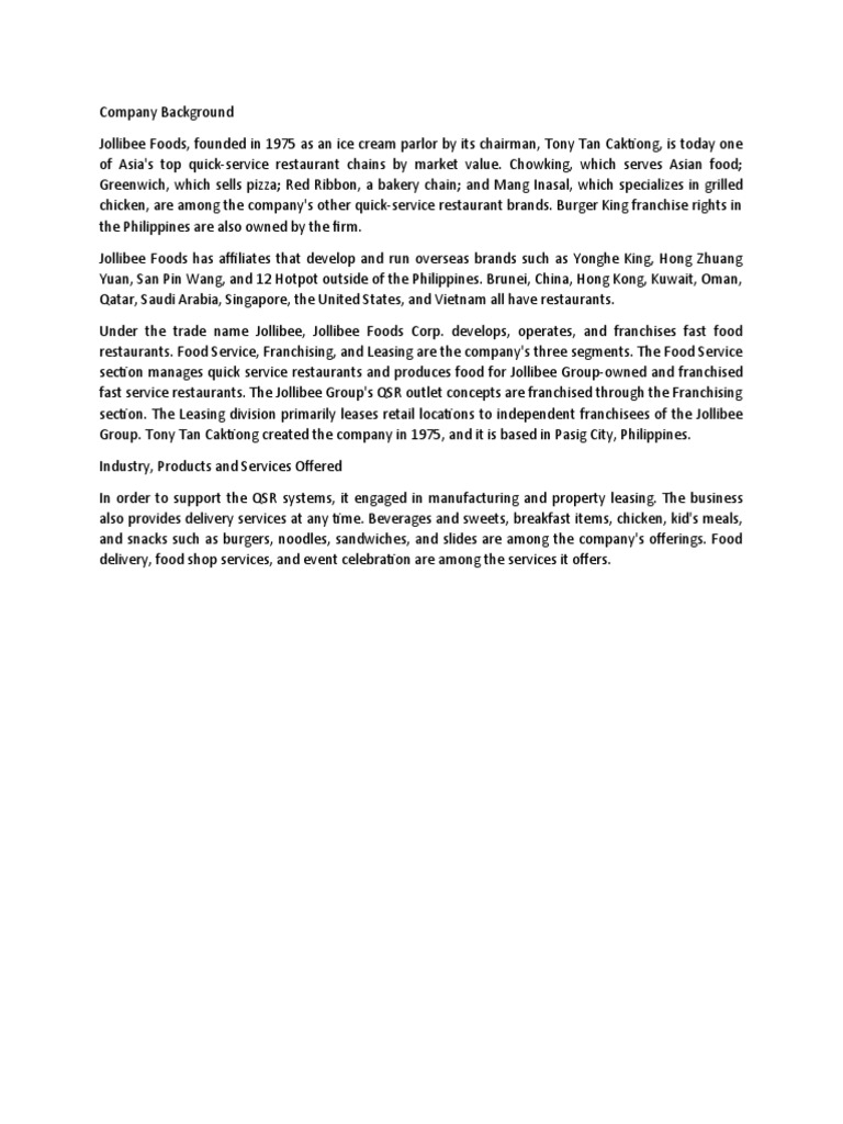 Company Background - Jollibee1 | PDF | Revenue | Business