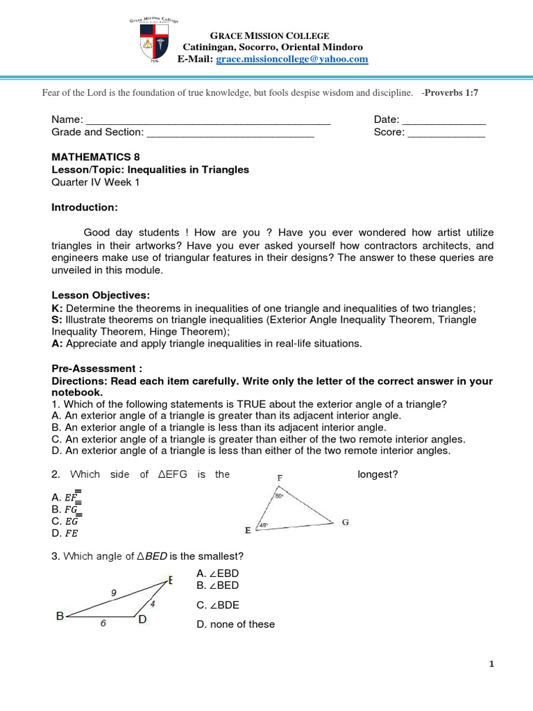Math 8 q4 Week 1 Final | PDF | Triangle | Angle