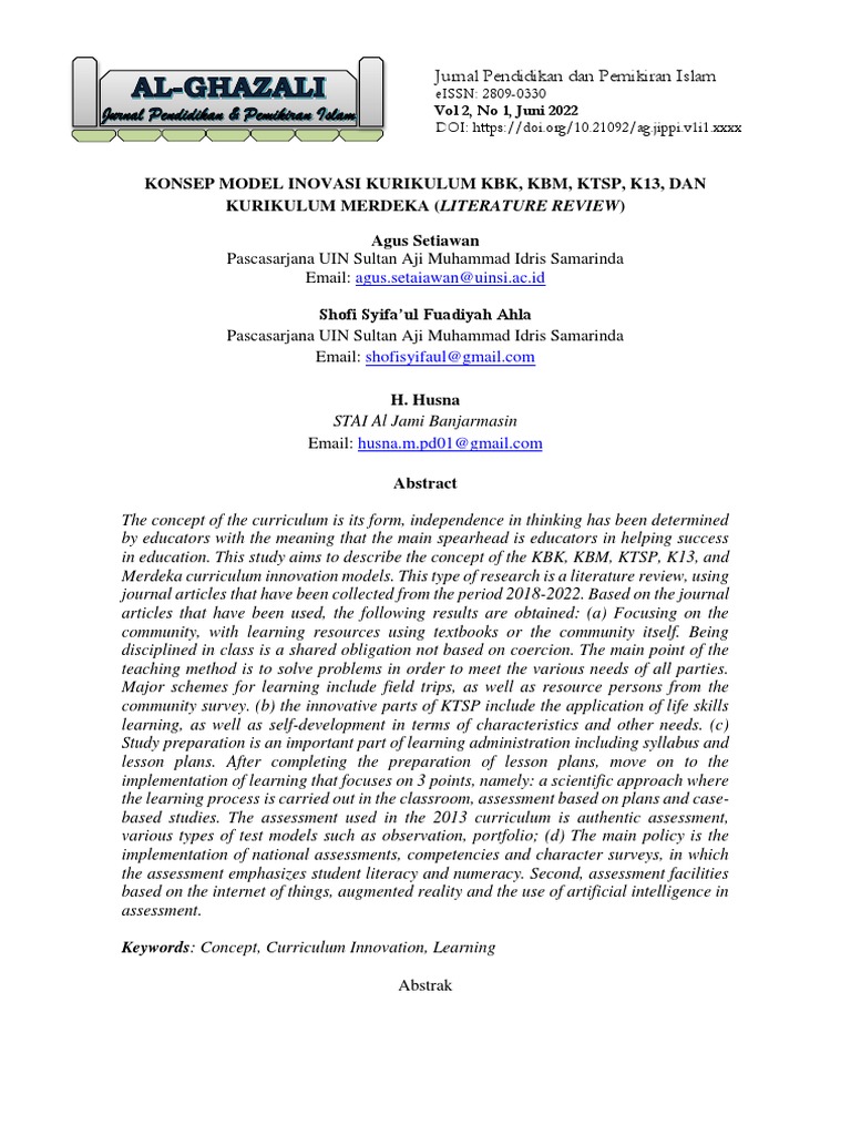 Konsep Model Inovasi Kurikulum KBK, KBM, KTSP, K13, Dan Kurikulum Merdeka (Literature Review ...