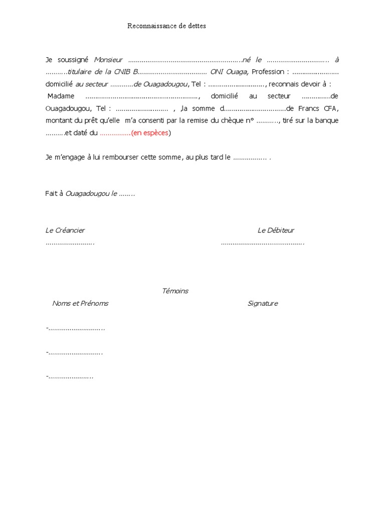 Modèle de reconnaissance de dette PDF | PDF