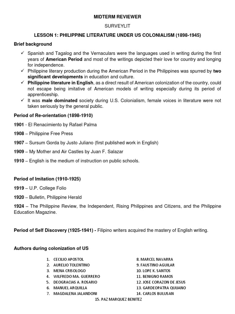 Midterm Reviewer Lit 1 | PDF | Philippines | Spanish Language Literature Midterm Reviewer Lit 1 | PDF | Philippines | Spanish Language Literature