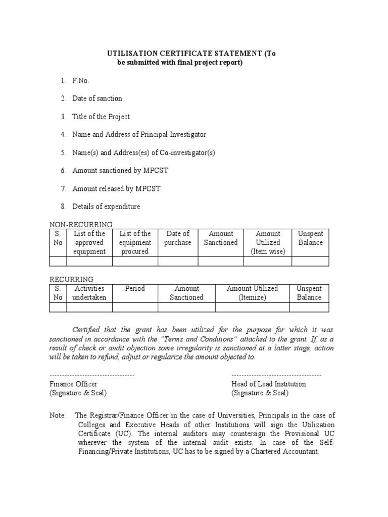 Utilisation Certificate Format Guide | PDF | Finance & Money Management