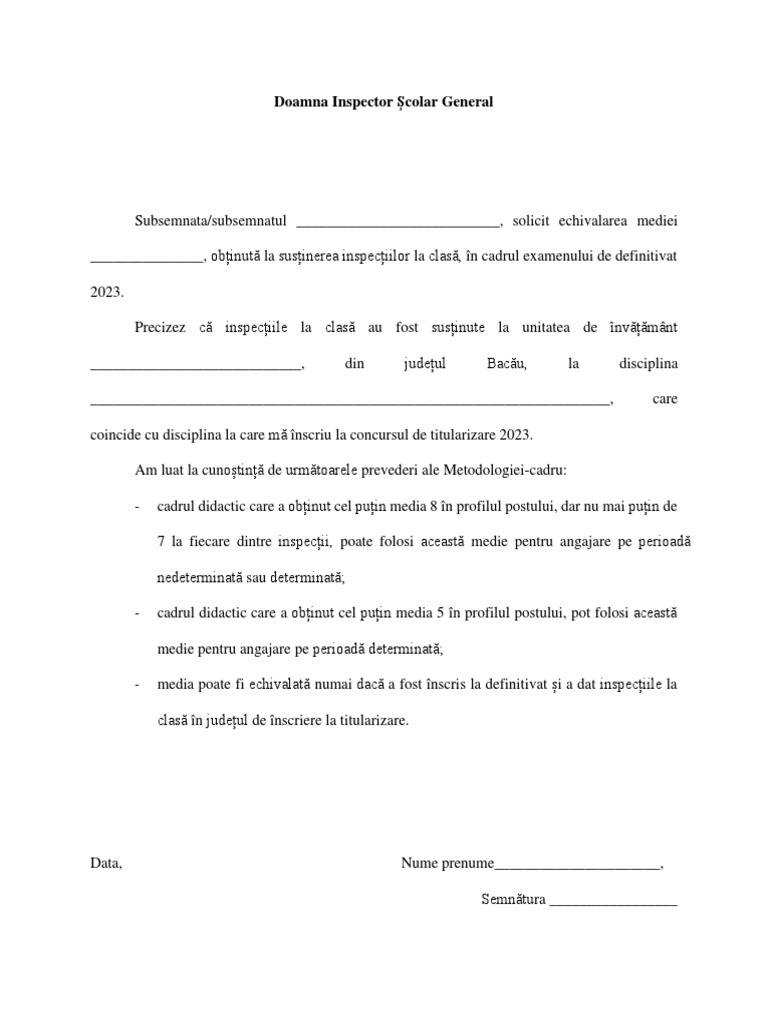 Cerere Echivalare Medie Inspectie La Clasa | PDF