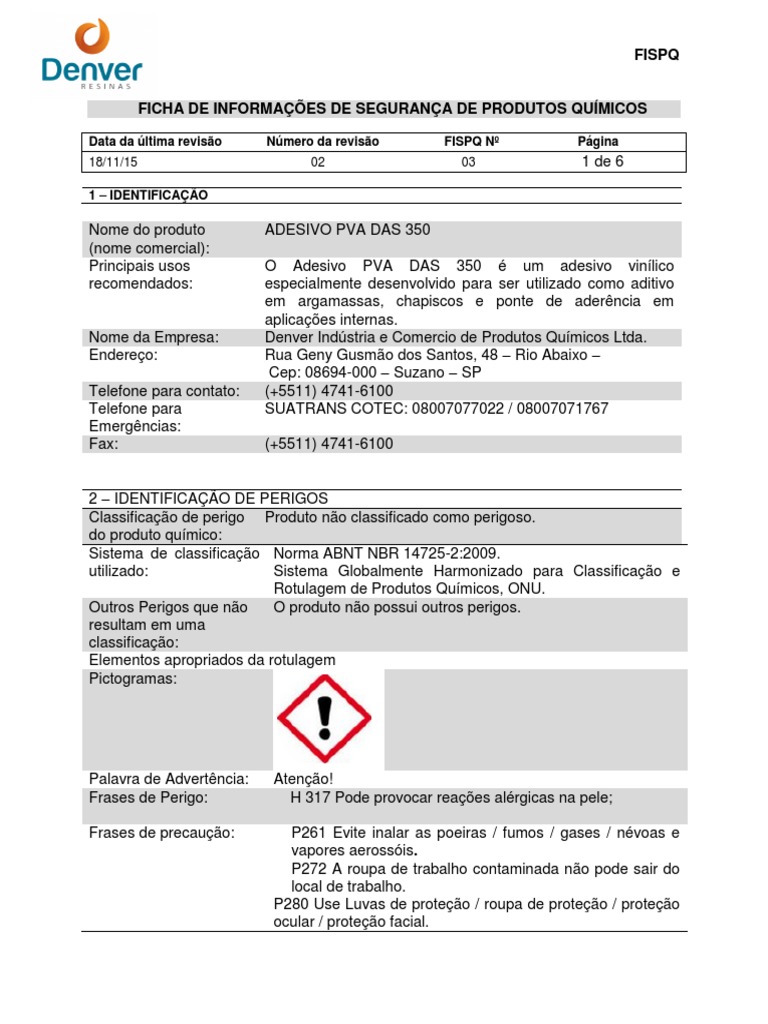 Adesivo Pva Das 350 - Fispq | PDF | Química | Ciências Físicas