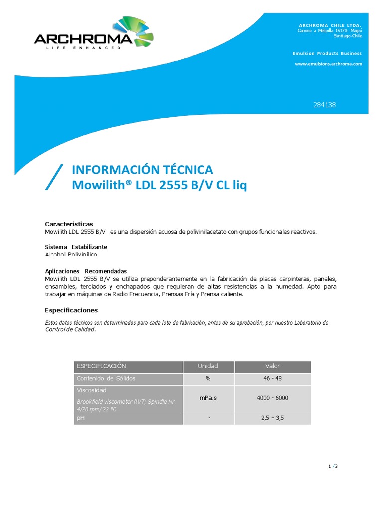 Hoja Tecnica Mowilith LDL 2555 BV | PDF | Química