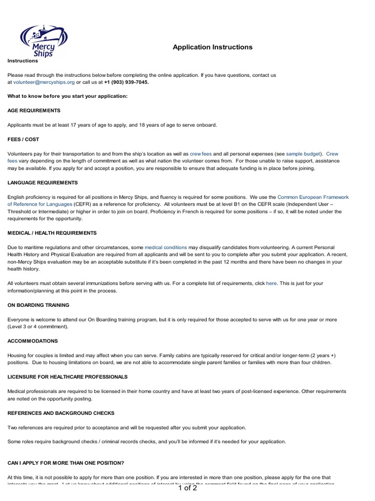 Mercy Ships Application Instructions | PDF