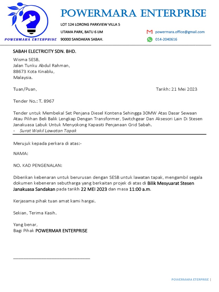 Surat Wakil Tender SESB | PDF