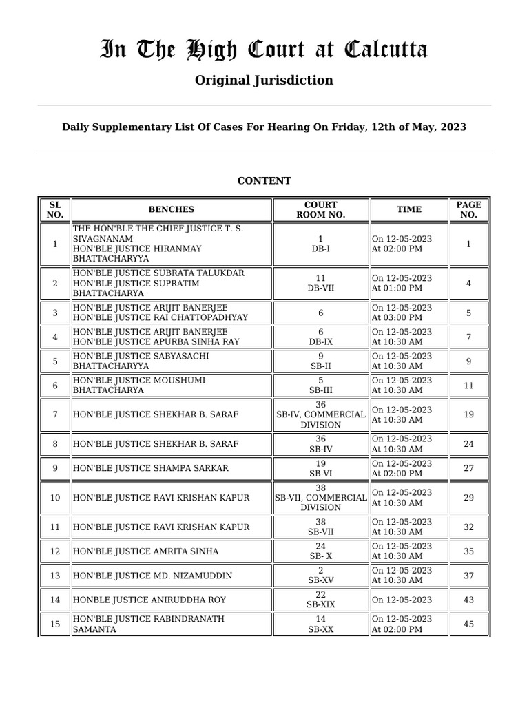High Court Case Schedule | PDF | Kolkata | Government Institutions