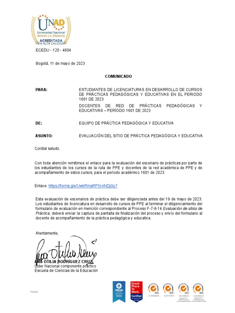 Comunicado - Evaluación Del Sitio de Práctica | PDF