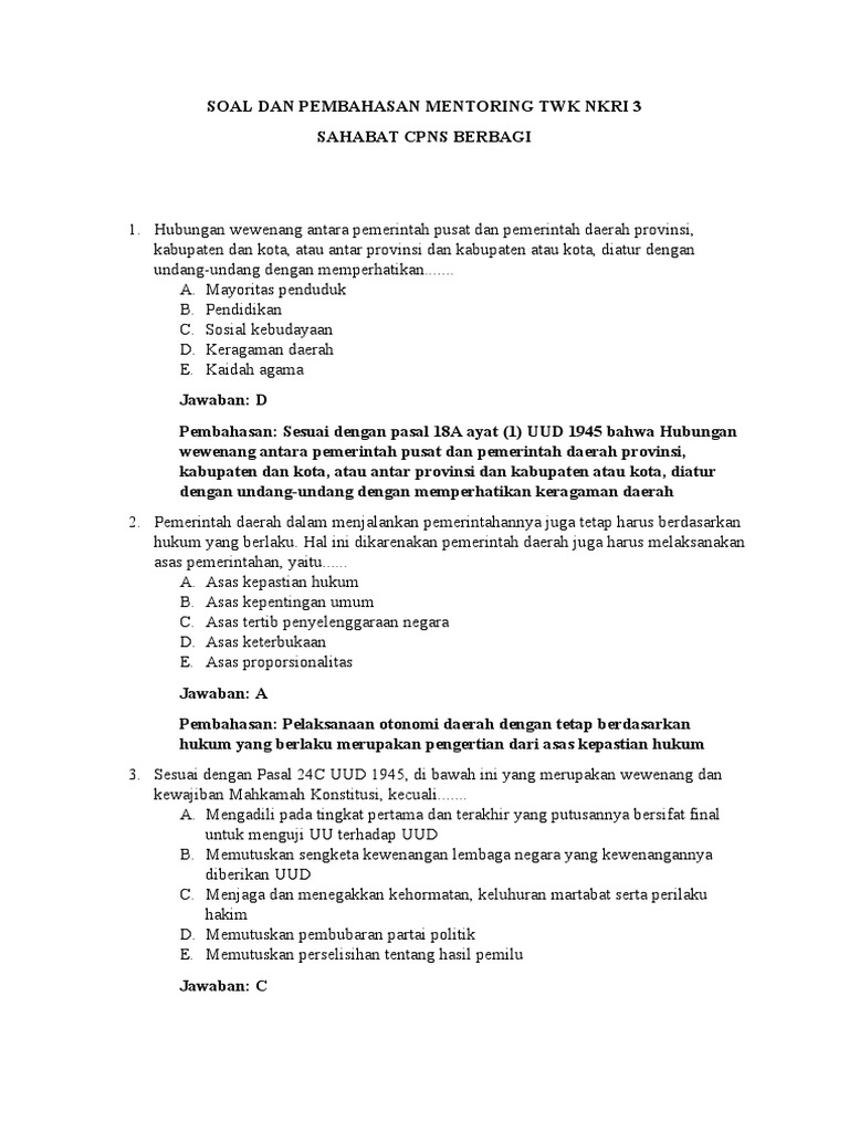 Soal Dan Pembahasan Mentoring TWK Nkri 3 Ok | PDF