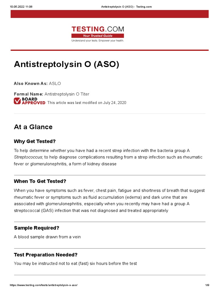 Antistreptolysin O (ASO) - Testing.com | PDF | Diseases And Disorders ...