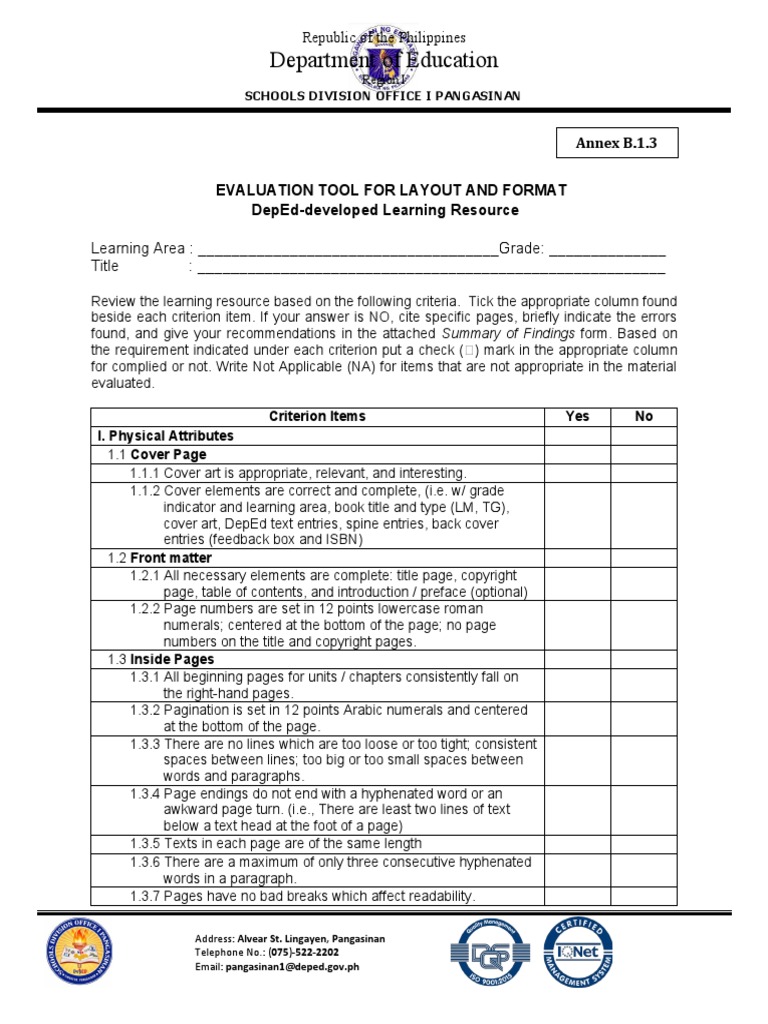 Annex-B.1.3-Evaluation-Tool-for-Layout-and-Format-03192020 | PDF | Book ...