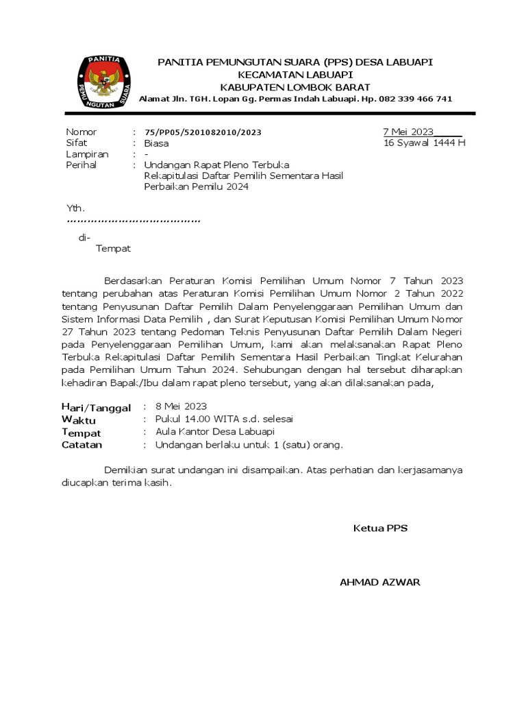 Undangan Pleno DPS HP PPS Labuapi | PDF