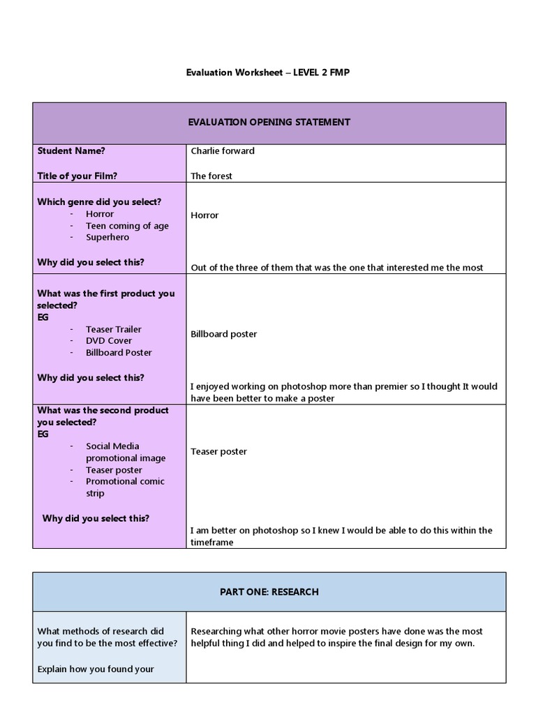 FMP Evaluation Worksheet l2 FMP 2023 | PDF | Horror Films | Communication
