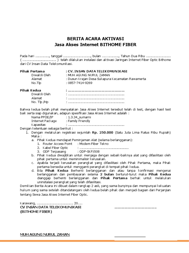 Form BA Aktivasi Jaringan Internet Bithome FIber | PDF
