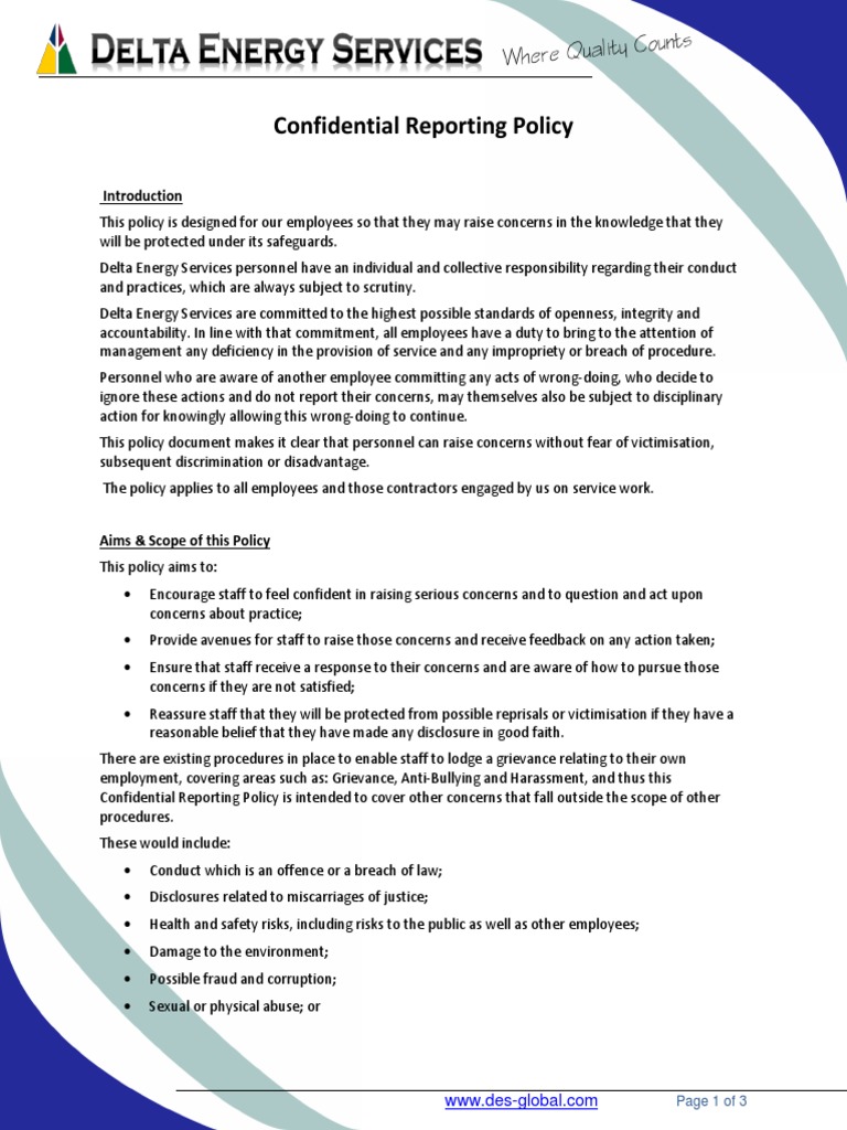DES - Confidential Reporting Policy | PDF | Confidentiality | Employment