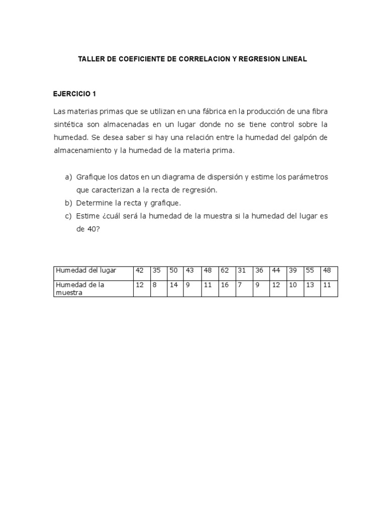 Taller de Coeficiente de Correlacion y Regresion Lineal | PDF