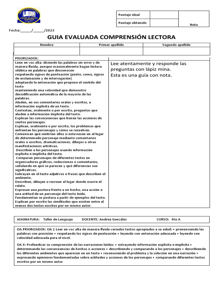 Guia Evaluada Tallet de Lenguaje 4to | PDF | Panes