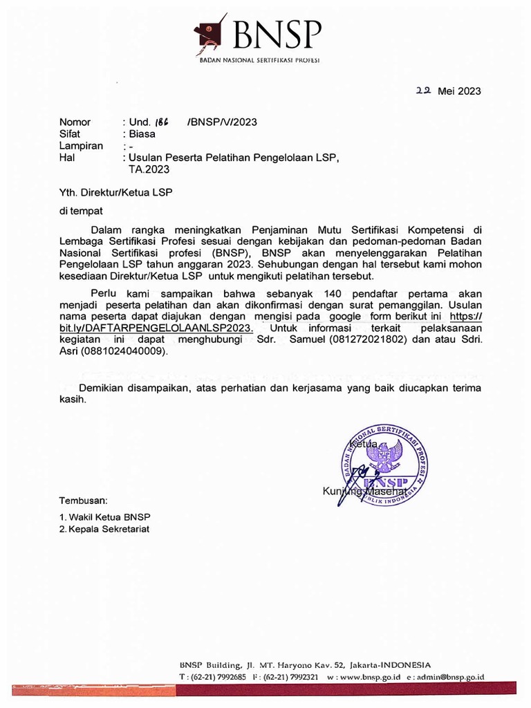 Surat Usulan Peserta Pelatihan Pengelolaan LSP Ta 2023 | PDF