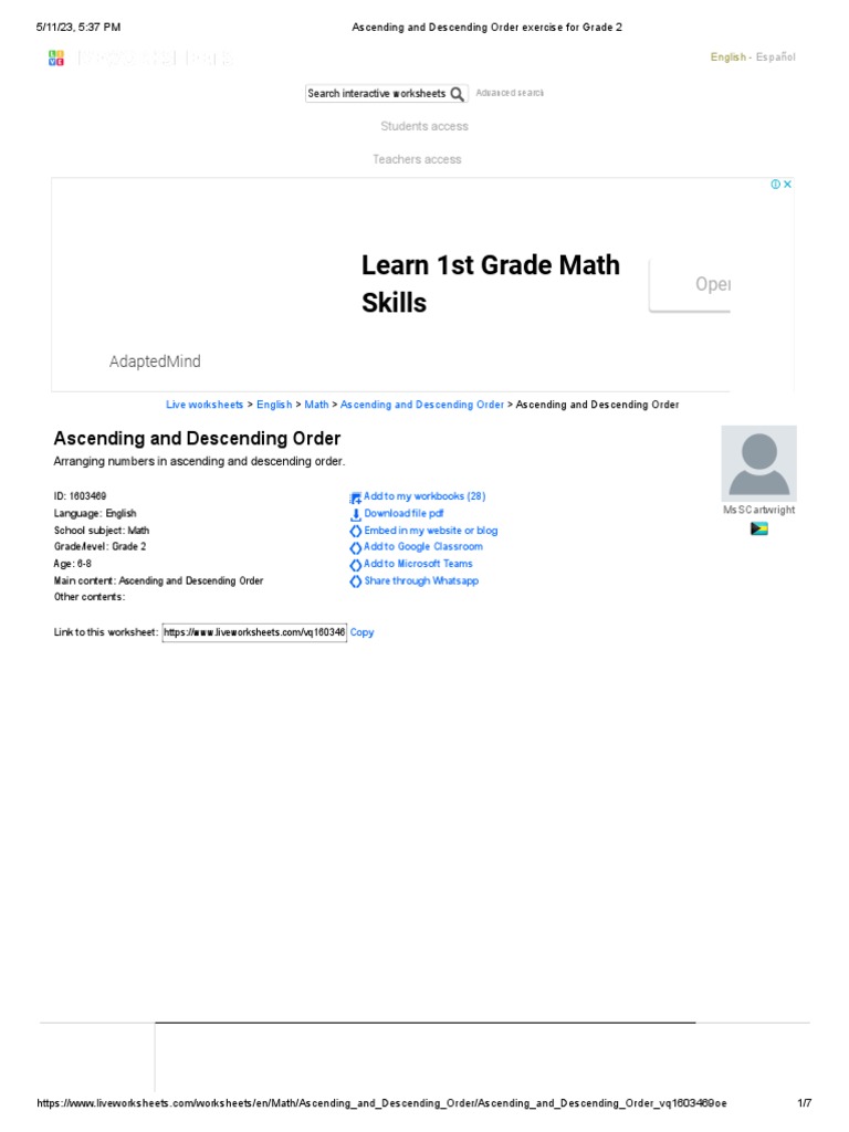 Ascending and Descending Order Exercise For Grade 2 | PDF | Worksheet ...