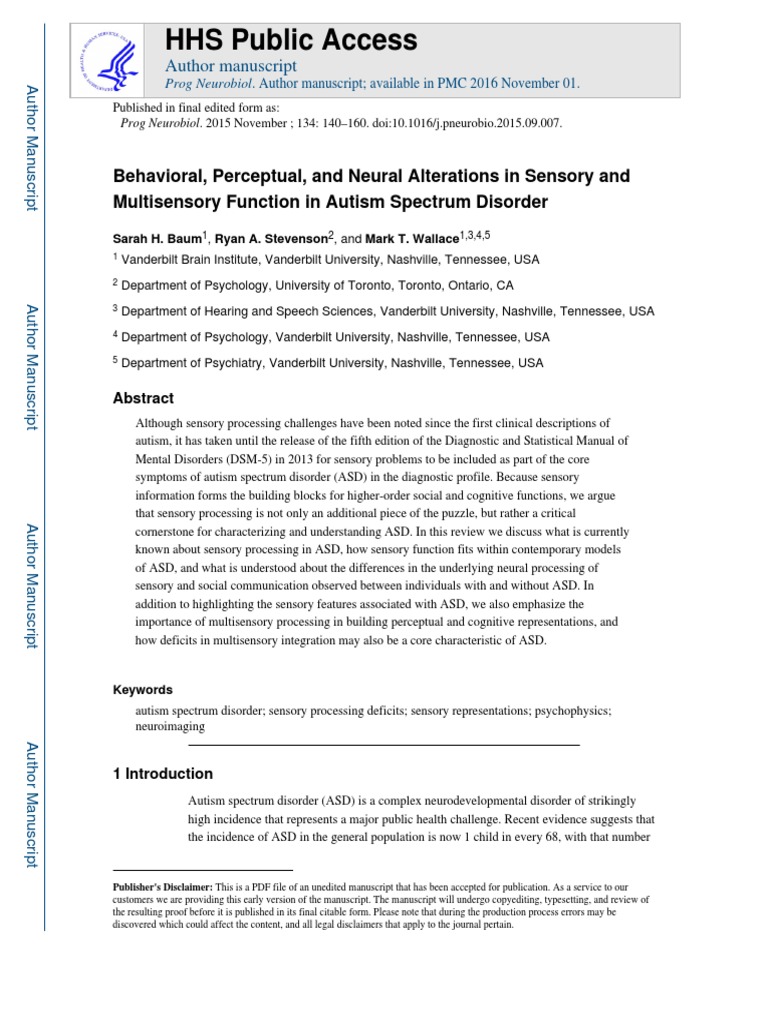 Behavioral Perceptual And Neural Alterations In Sensory And Multisensory Function In Autism