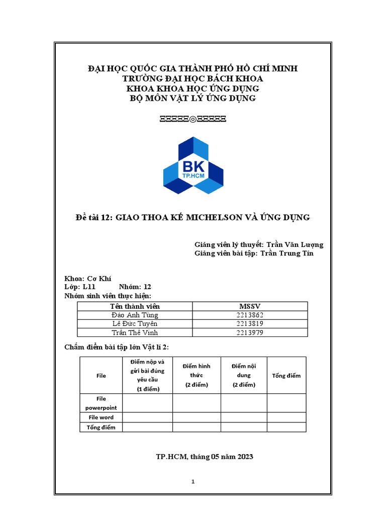 Báo cáo BTL Vật lý 2 lớp L11 nhóm 12 - Đề tài 12 Giao thoa kế Michelson và ứng dụng (file PDF | PDF