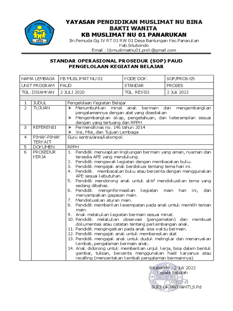 5 Sop Paud Pengelolaan Kegiatan Belajar | PDF