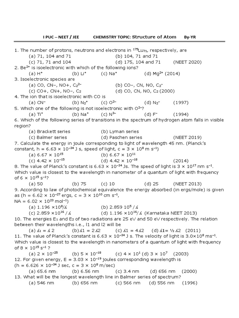 Structure of Atom NEET | PDF | Atomic Orbital | Electron