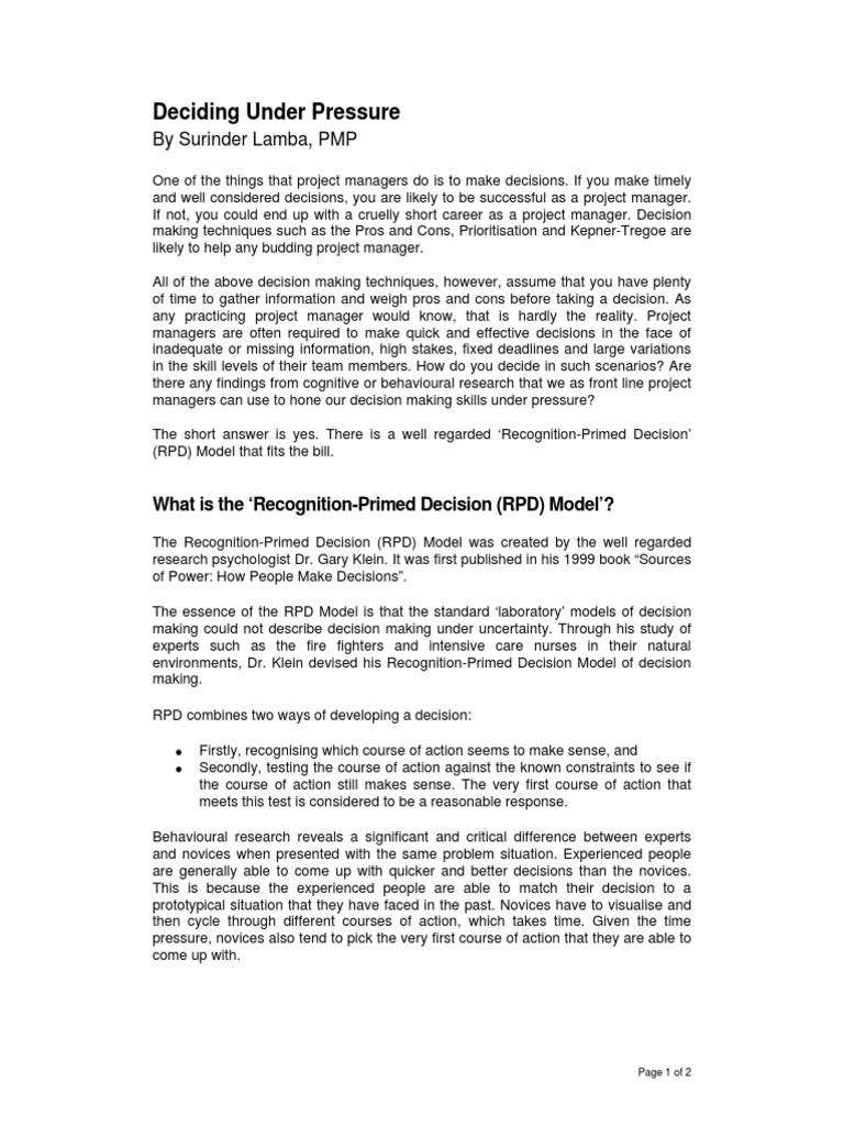 Deciding Under Pressure - Surinder Lamba PMP | PDF | Experience | Intuition