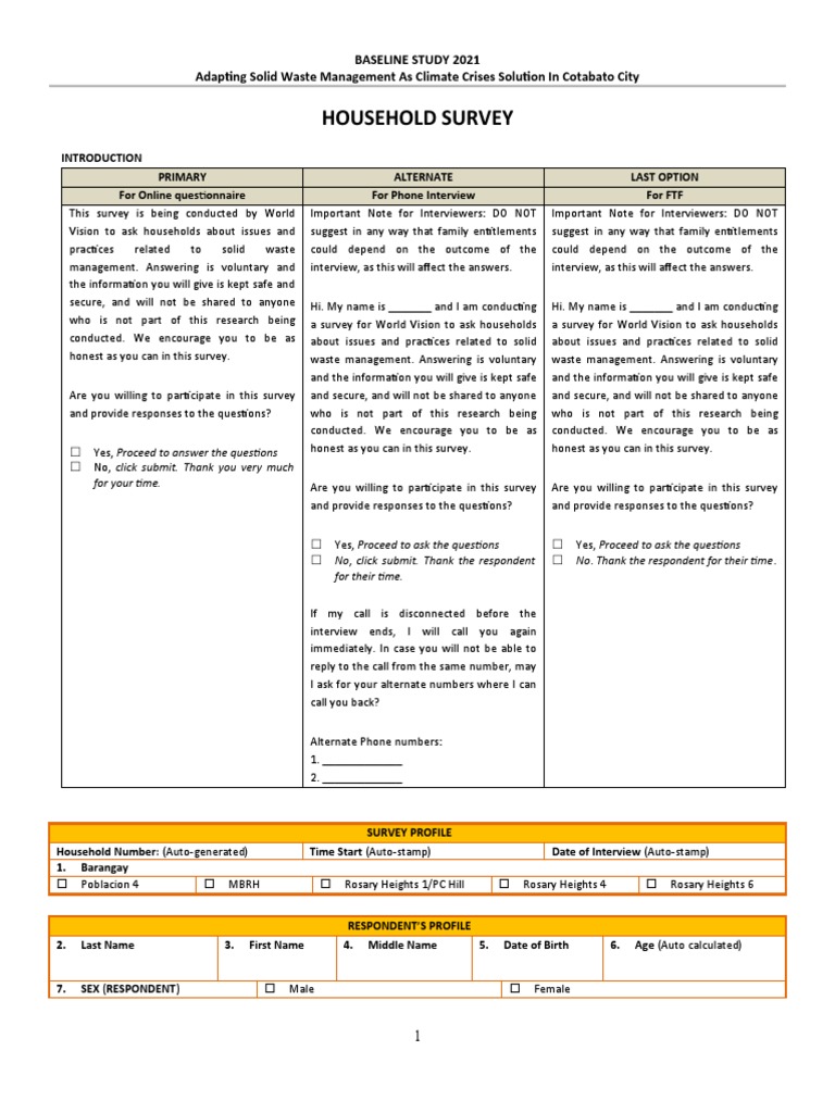 Household Survey Questionnaire | PDF | Recycling | Waste